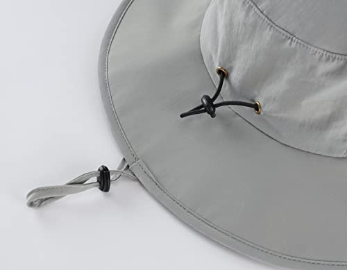 Home Prefer UPF50+ Mens Sun Hat with Neck Flap Wide Brim Mesh Fishing Hat Windproof Safari Hat Light Grey