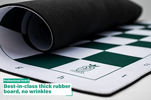 Mynnnat Professional Chess Set, Thick Tournament Roll up Board and Pieces with Travel Bag, Checkers and Unique Booklet for Chess Training - White & Green