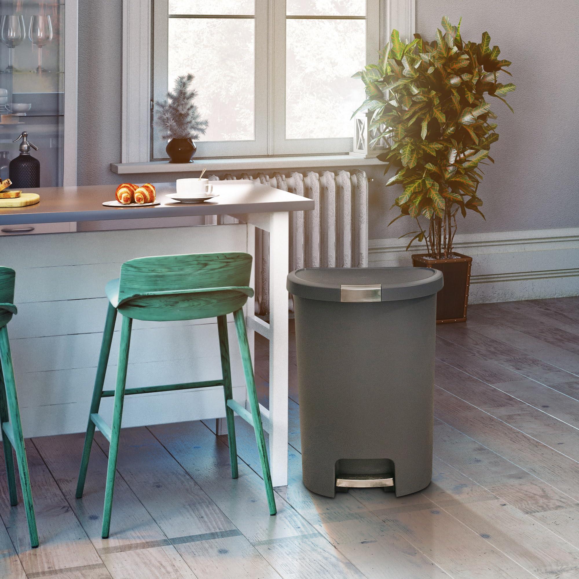 Curver Infinity 43.9 Liter / 13 Gallon Plastic Kitchen Trash Can with Foot Pedal and Locking Lid - Perfect for Household Use Indoor for Garbage Disposal or Recycling, Black