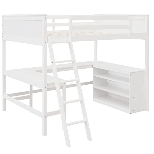 GYYBED Full Size Wooden Loft Bed with 3 Storage Shelves and Built-in L-Shape Desk for Kids Teens Adults Full Size loft Bed with Desk Full Size loft Bed loft Bed with Desk(White + Wood)