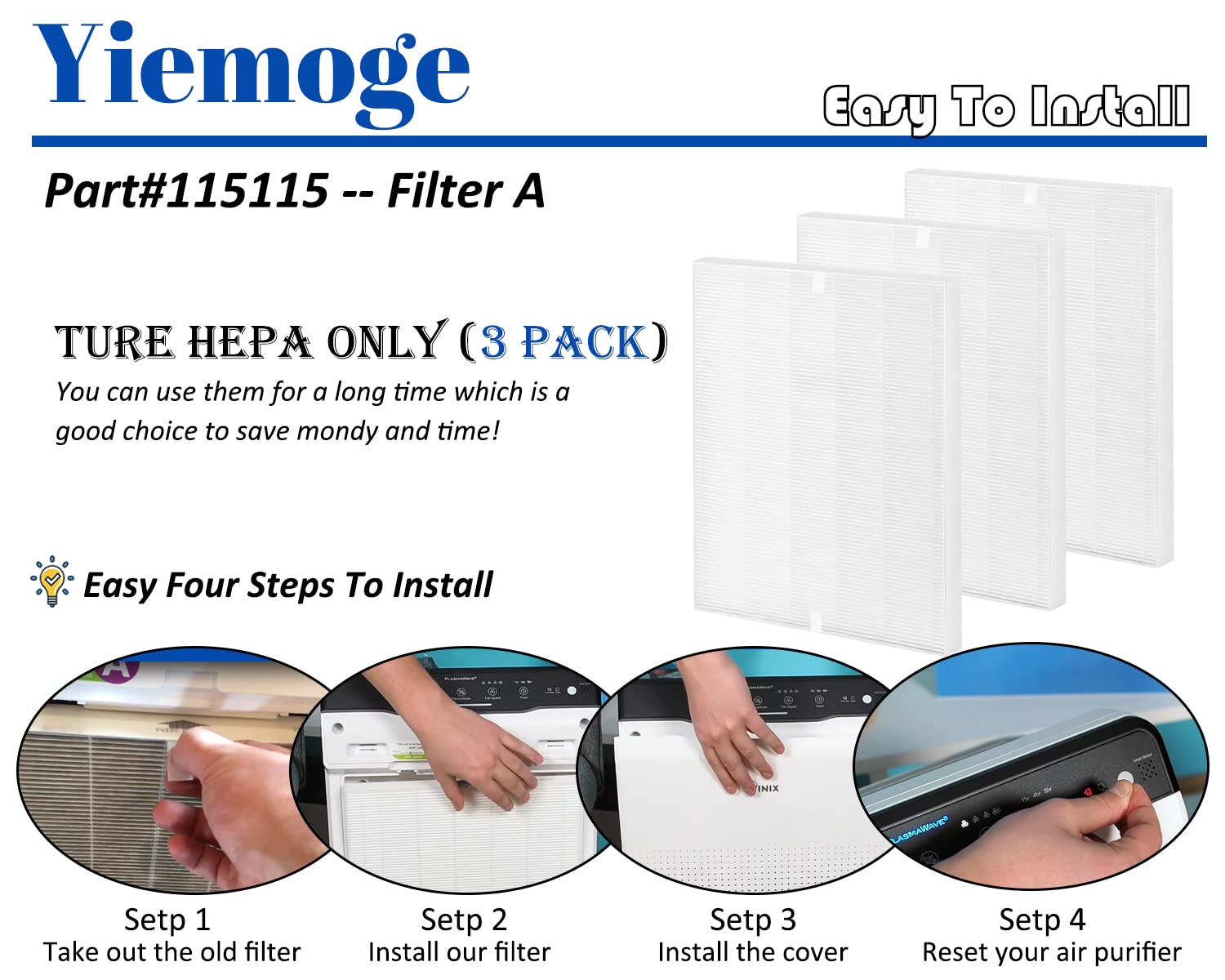 Yiemoge 115115 Replacement filter A: Compatible with winix Plasmawave C535 5300 5300-2 6300 6300-2 AM90 P300 Air Purifier - 3 TURE HPEA filter only