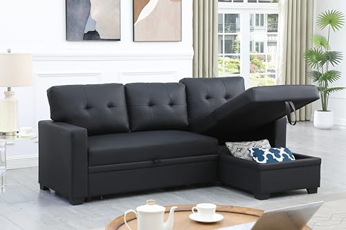 ERYE L-Shaped Corner Sleeper Sectional Sofa Modern PU Upholstered Sofa&Couch Convertible Sofabed W/Pull Out Sleep Couch Bed and Reversible Storage Chaise for Home Apartment Living Room Furniture Sets