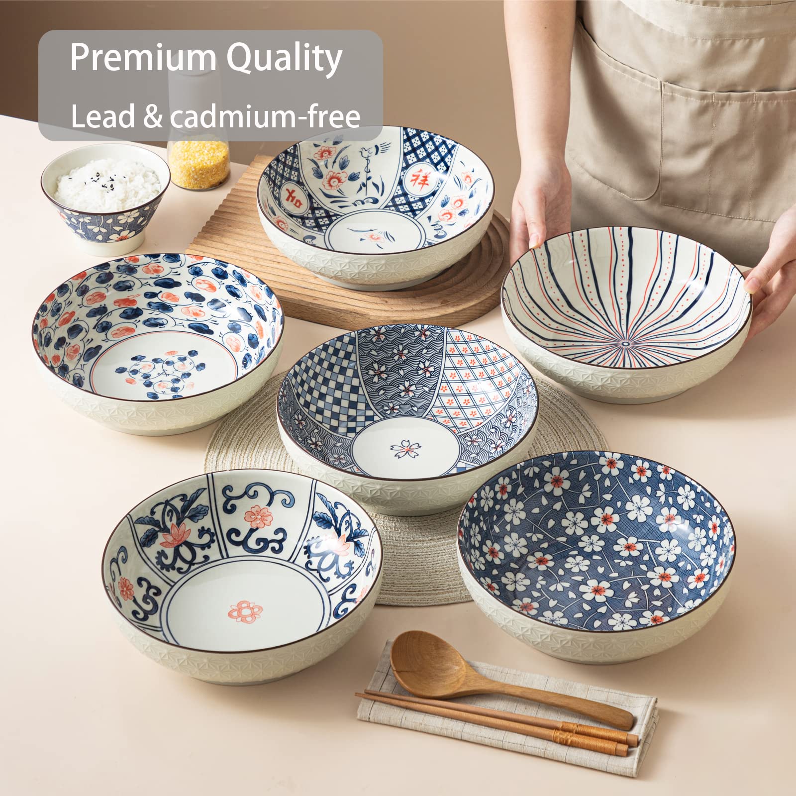 Ceramic Pasta Bowls,9.25 inch Large Salad Bowls,deep 2.76inch,72oz,Set of 3,Microwave and Oven Safe,Dishwarebowls for Serving Dinner, Salad, Soup, Oatmeal, Mix-Match Pattern, Gift