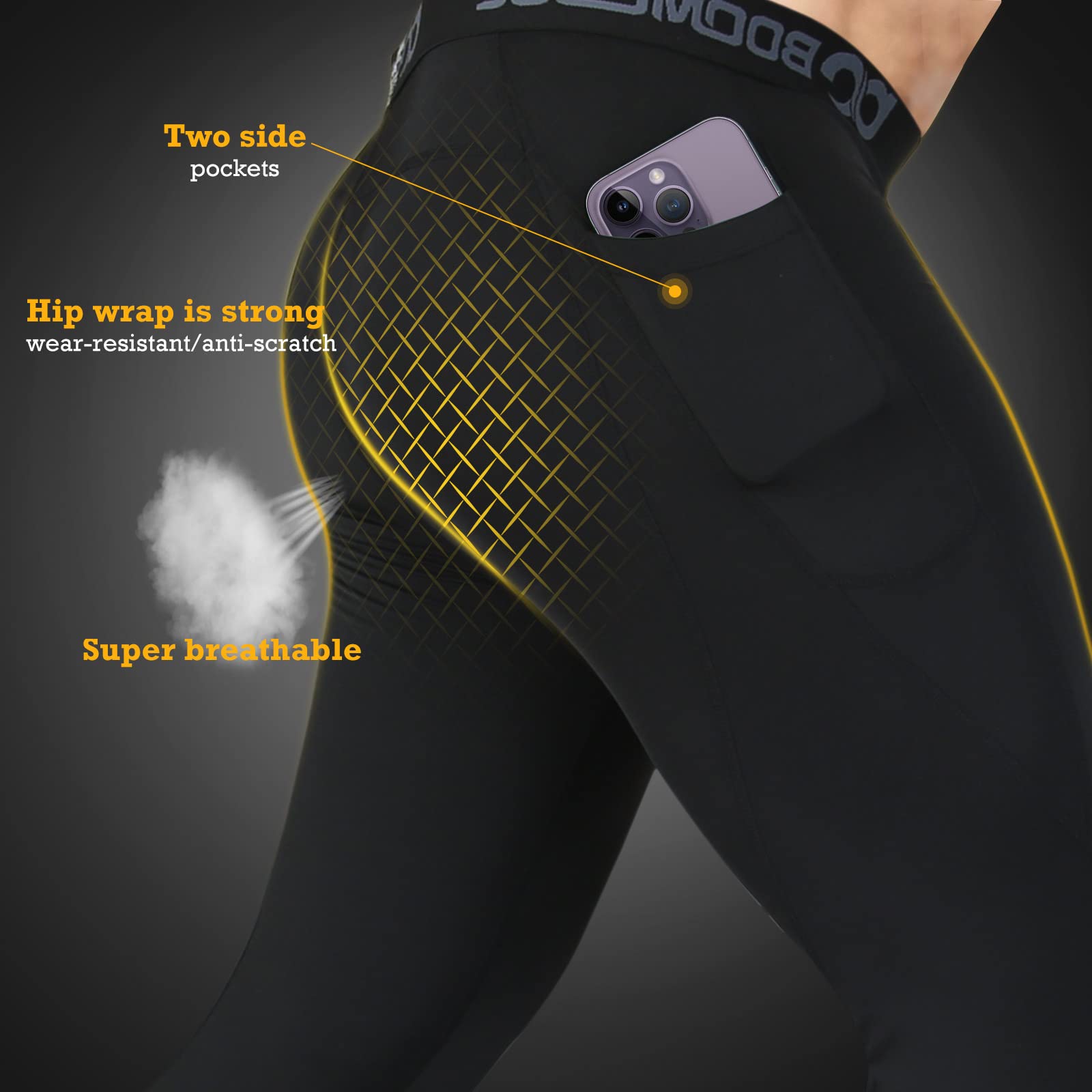 BOOMCOOL Men's Compression Pants with Pockets, Men's Running Tights Leggings Workout Dry Baselayer Gym Athletic Yoga Pants Black and Black