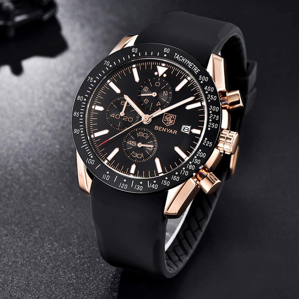 BENYAR - Stylish Wrist Watch for Men Silicone Strap Watches Quartz Movement, Waterproof and Scratch Resistant, Analog Chronograph Business Watch Mens Gift