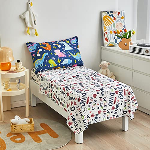 Quilted Toddler Bedding Set 4 Pieces Summer Navy Colorful Dinosaur Toddler Bed Set Includes Toddler Size Quilt Set, Flat Sheet, Fitted Sheet and Pillowcase