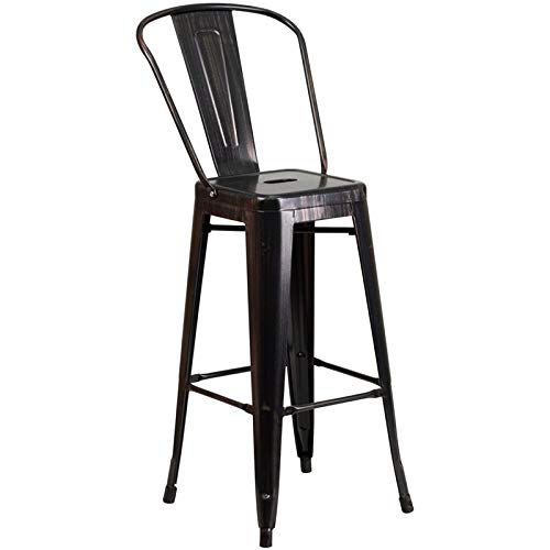 Flash Furniture Commercial Grade 23.75" Square Black-Antique Gold Metal Indoor-Outdoor Bar Table Set with 2 Stools with Backs