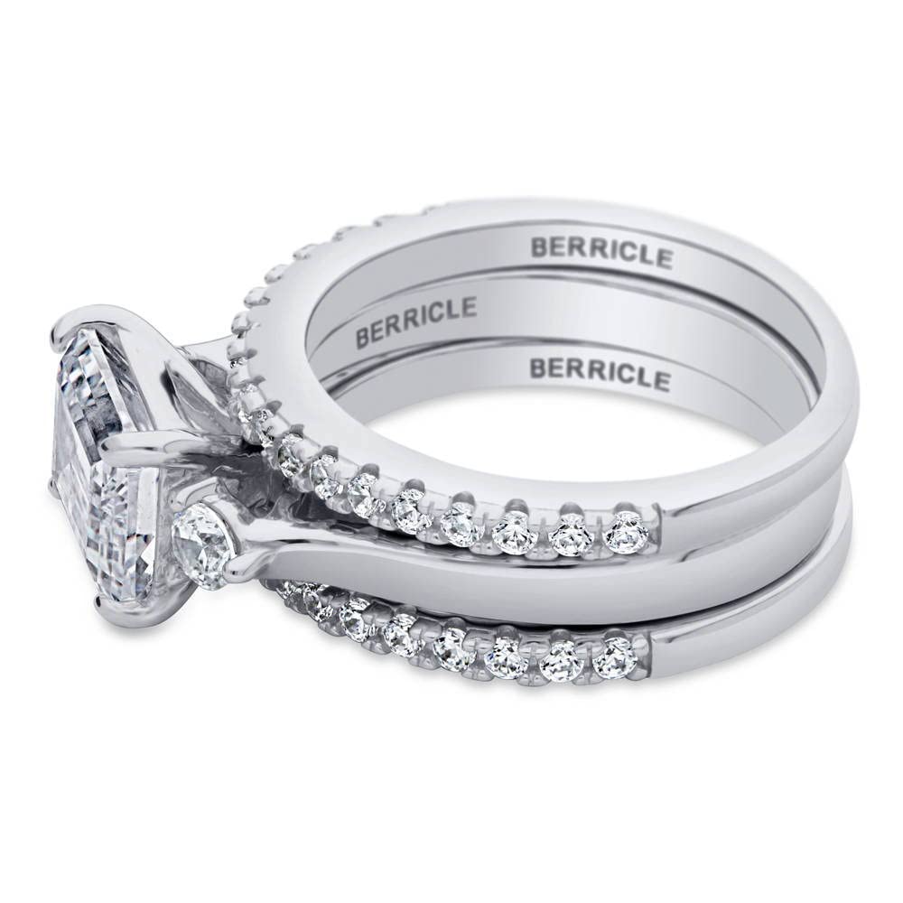 BERRICLE Sterling Silver 3-Stone Wedding Engagement Rings Emerald Cut Cubic Zirconia CZ East-West Ring Set for Women, Rhodium Plated Size 5.5