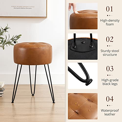 LUE BONA Faux Leather Vanity Stool Chair for Makeup Room, Brown Stool for Vanity, 19” Height, Tufted Small Vanity Chair Stool with Metal Legs, Modern Foot Stool Ottoman for Bedroom, Living Room
