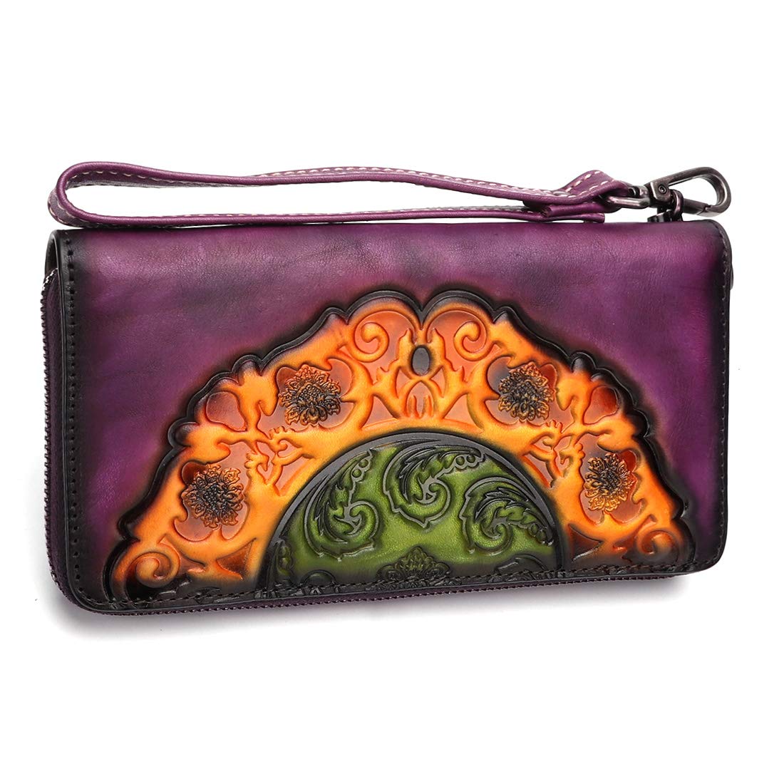 IVTG Genuine Leather Wallets for Women Long Purse Vintage Embossing Cowhide Handmade Small Clutch (Purple)
