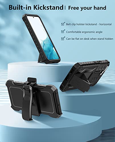 FNTCASE for Samsung Galaxy S22 Protective Case: Military Grade Protection Rugged Anti-Drop Case with Belt-Clip Holster & Kickstand - Full Shockproof Sturdy Durable Bumper Textured Cell Phone Cover