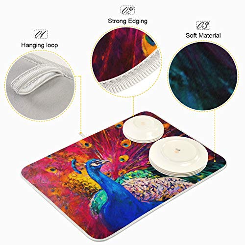 Painting Animal Beautiful Peacock Dish Drying Mat 24"x18" Absorbent Machine Washable Hanging Fast Dry Pad Dish Protective Mat for Kitchen Countertop Heat Resistant Dinner Table Mat