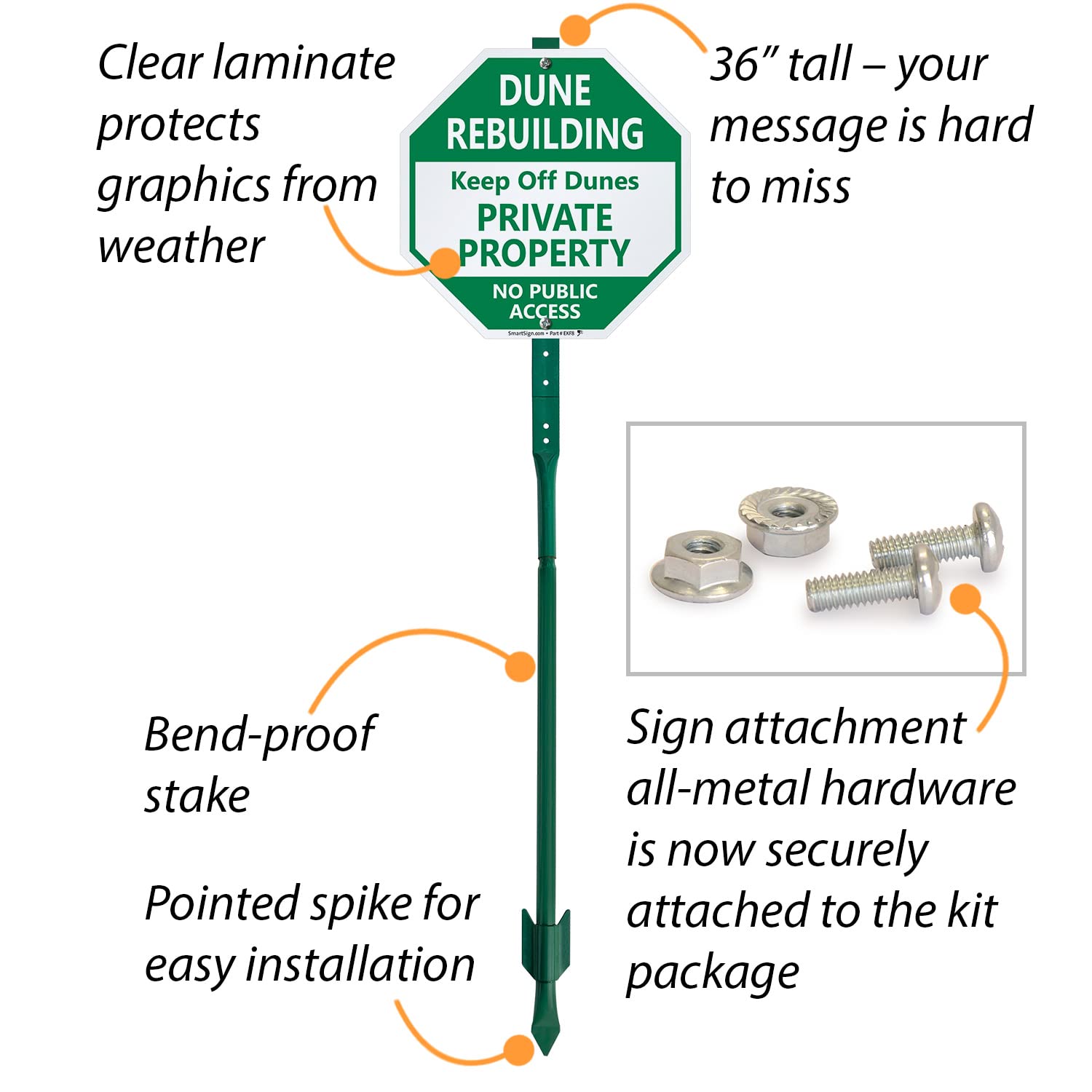 SmartSign 10" x 10" 'Dune Rebuilding Keep Off Dunes, Private Property, No Public Access' LawnBoss Yard Sign with 3 ft Stake, 40 mil Laminated Aluminum, Green/White, Set of 1, USA-Made