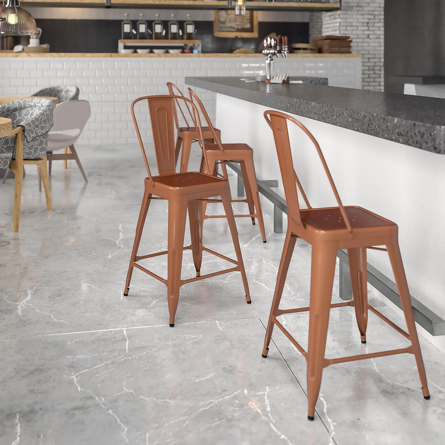 Flash Furniture Carly Commercial Grade 24" High Copper Metal Indoor-Outdoor Counter Height Stool with Back