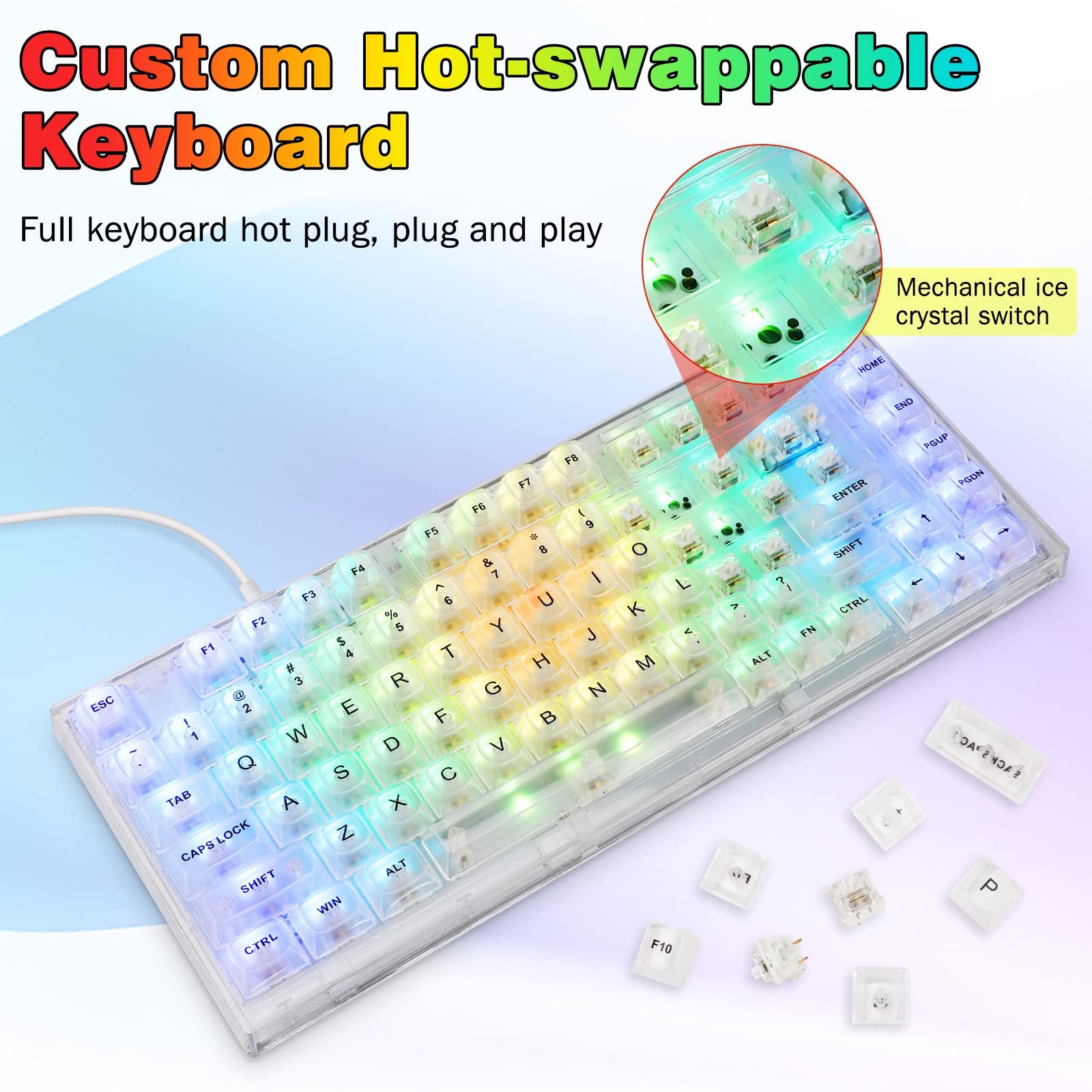 CHICHEN Mechanical Gaming Keyboard,Cool RGB Backlit Compact 82 Clear Keycaps,Hot Swappable 80% Keyboard with Ice Switch,Wired Transparent Keyboard for Windows/Mac (Transparent White)