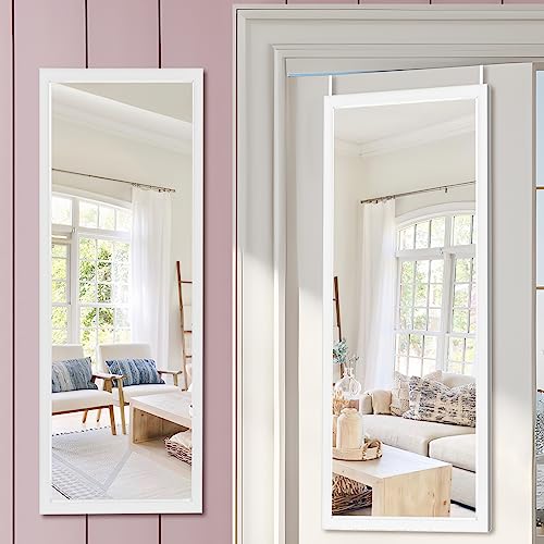 NeuType Full Length Mirror, 44" x 16" Over The Door Mirror, Wall Mount Hanging Mirror with 2 Metal Hangers for Wall Bedroom Bathroom Living Room Decor White