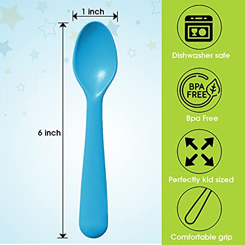 Plaskidy Plastic Toddler Spoons - Set of 16 Kids Spoons BPA Free/Dishwasher Safe Toddler Utensils Set Brightly Colored Kid Spoons Flatware Set Great for Kids and Toddlers Spoon