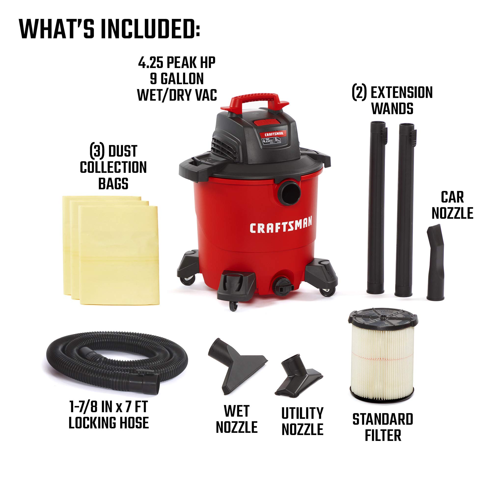 CRAFTSMAN CMXEVBE17590 9 Gallon 4.25 Peak HP Wet/Dry Vac, Portable Shop Vacuum with Attachments and Additional Dust Collection Bags