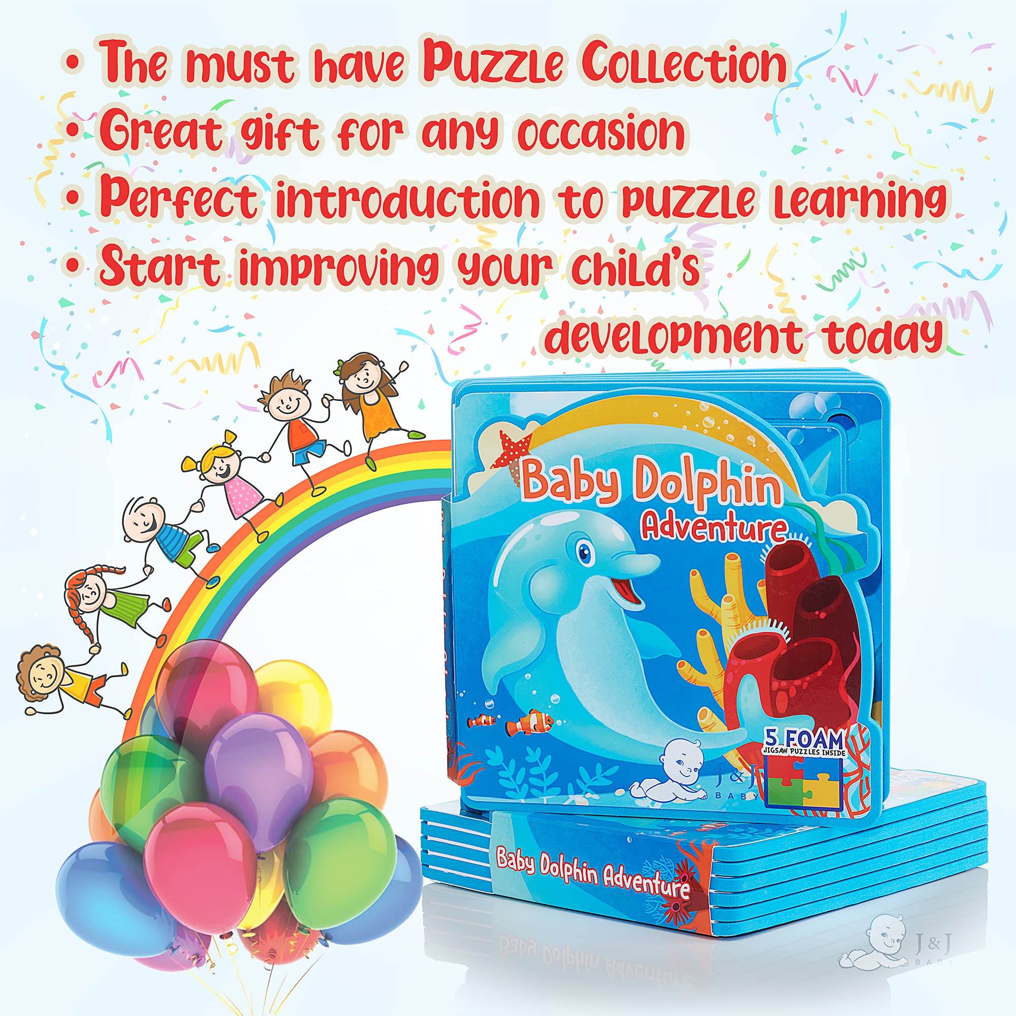 J&J Baby Toddler Puzzles - 5x4-Pieces Dolphin Adventure Soft Jigsaw Puzzles for Toddlers - Set of 5 Educational Learning Puzzles Book for Kids 2-3 Years Old