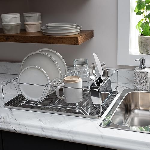 Kitchen Details 3 Piece Dish Rack | Drain Tray | Cutlery Holder | Countertop | Organizer | Holds 13 Dishes | Chrome