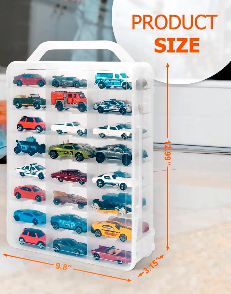 Double Sided Storage Case for 46 Hot Wheels, Matchbox Cars, Small Action Figures, Crafts; Portable Transparent Storage Case with 46 Compartments, Case Only (Transparent)