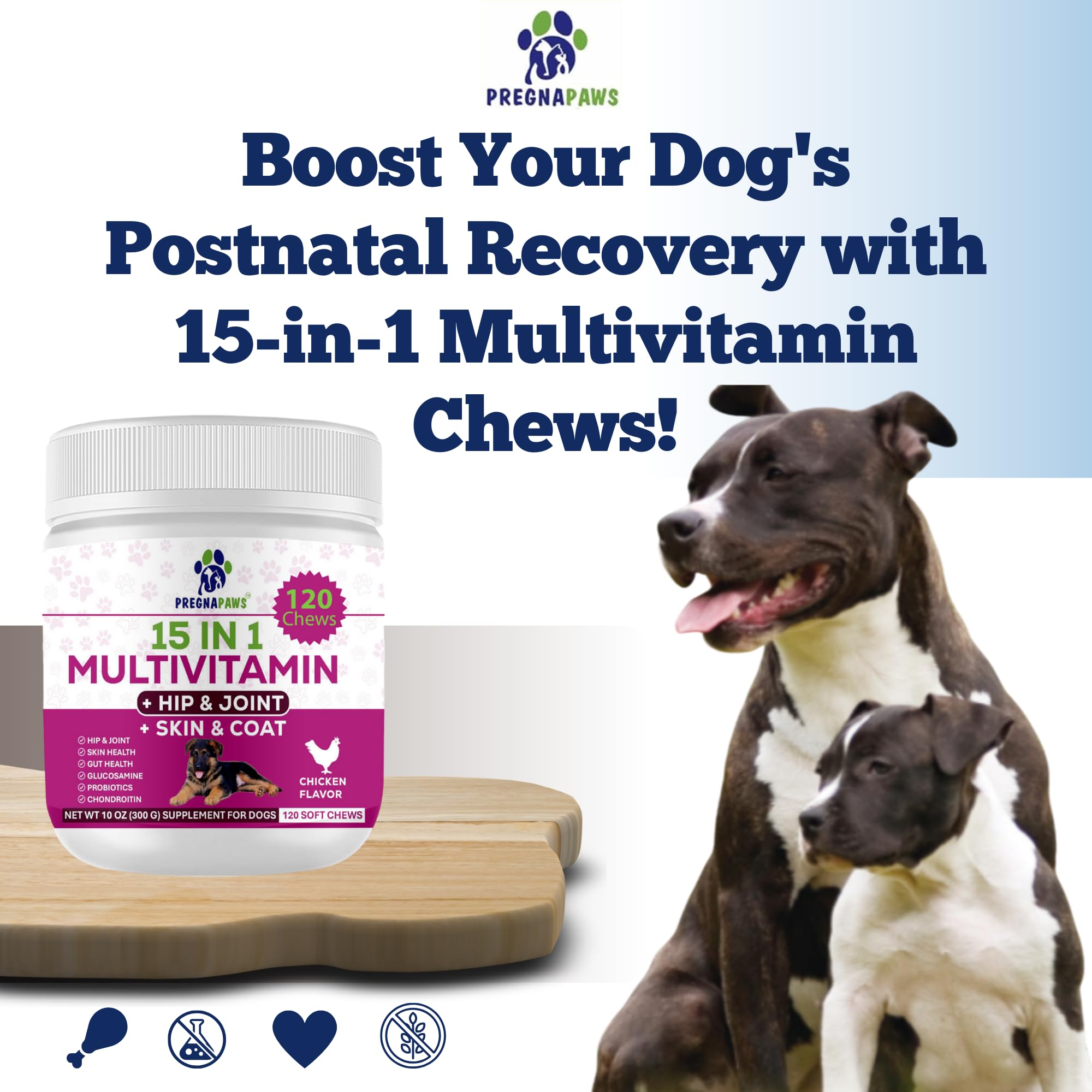Dog Multivitamin with Vitamin C and E for Skin & Coat + Immune Health - 120ct - Glucosamine Chondroitin for Hip and Joint Support - Probiotics for Healthy Gut Flora - Postnatal Support