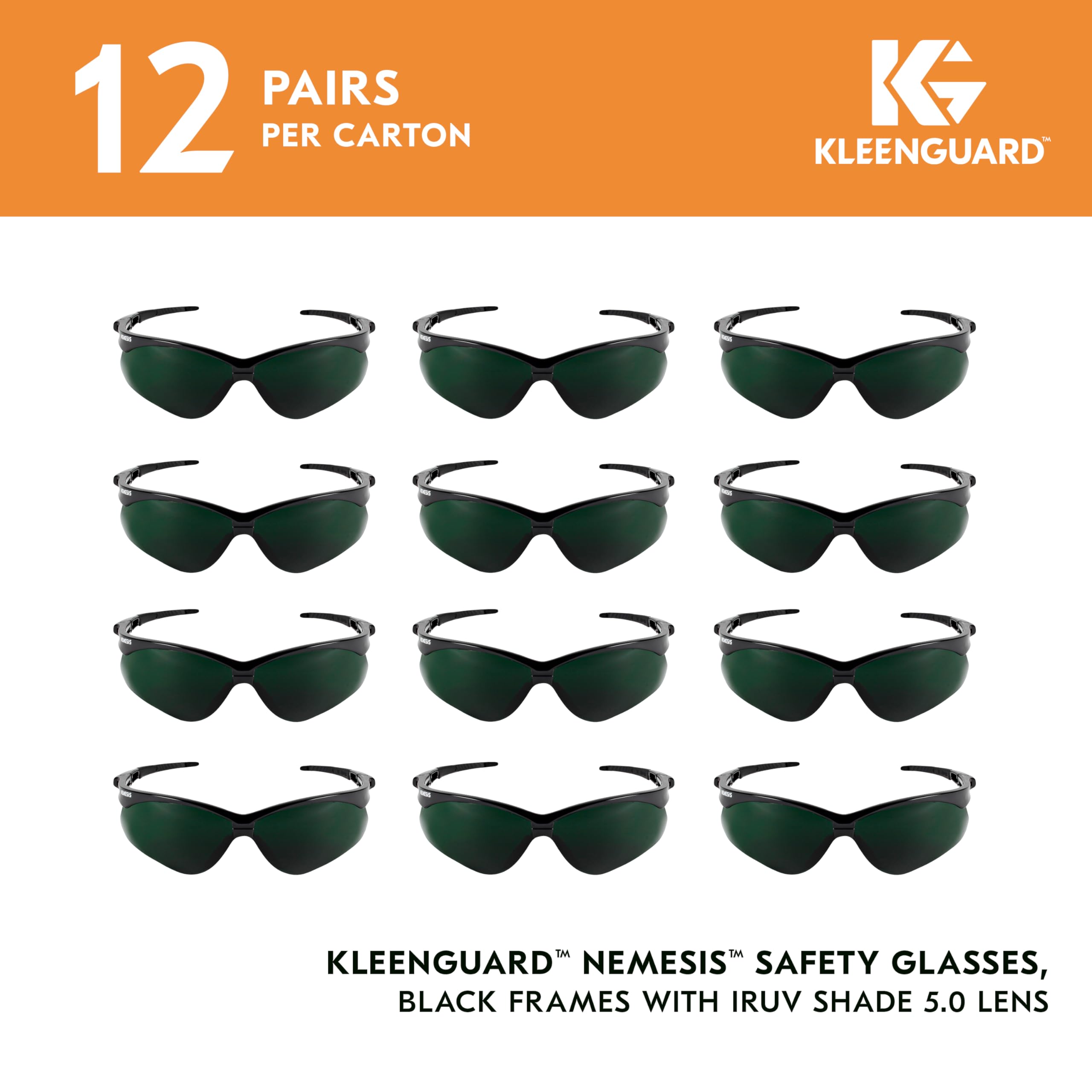 KleenGuard V30 Nemesis Safety Glasses (25671), IRUV Shade 5.0 Lenses with Black Frame, 12 Pairs / Case
