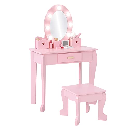 Bophy Girls' Vanity Table and Chair Set, Kids Makeup Dressing Table with Lights & Wood Makeup Playset, Kids Vanity Set with Mirror & Drawer for Age 4-9, Pink (STM-101PA)