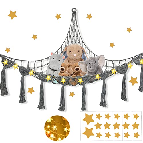 Salamanda Stuffed Animal Net or Hammock with wall decal and star LED Light, Boho Toy Hammock Hanging Stuffed Animal Storage Net Organizer Holder for Bedroom, Nursery (A-Grey)