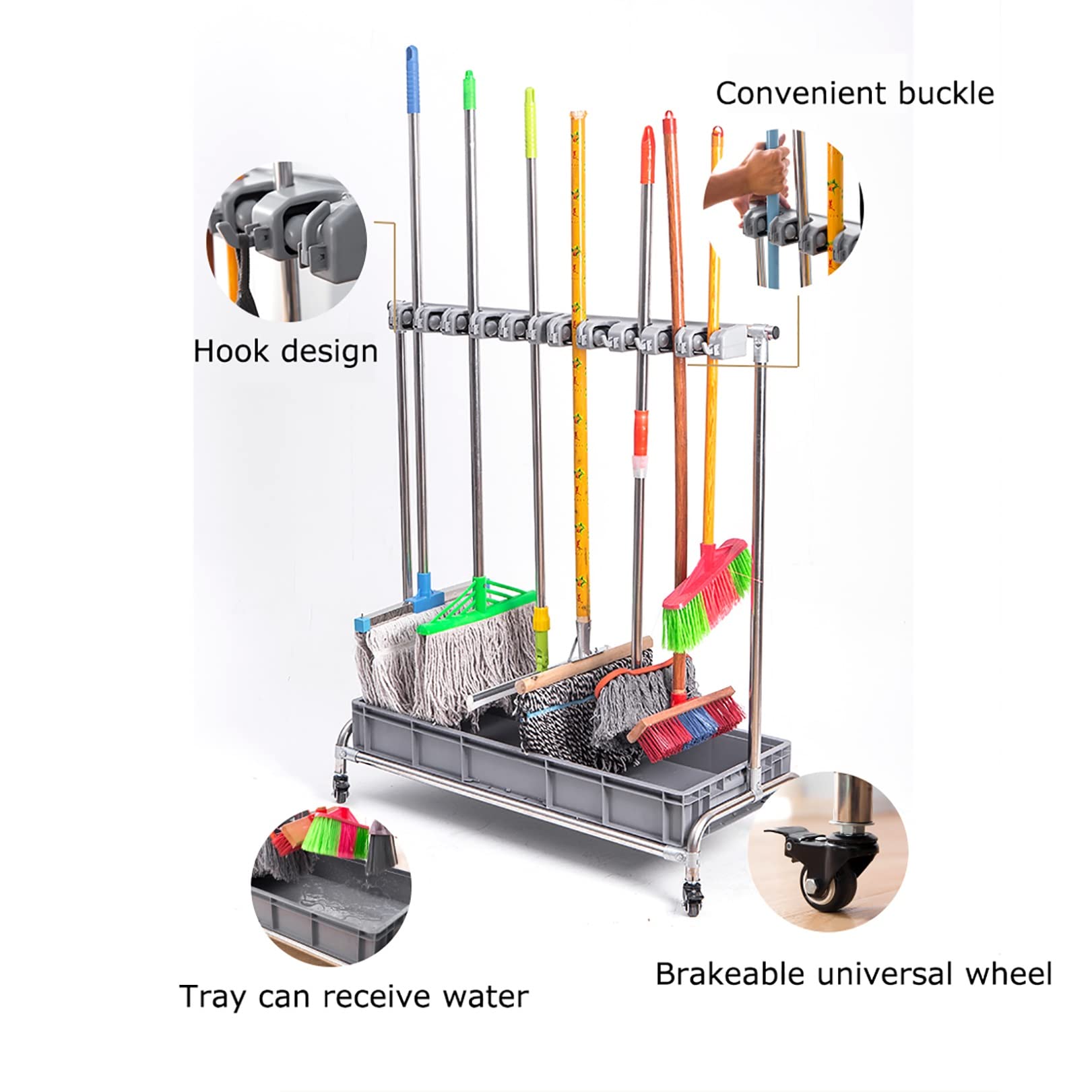 DMUNIZ Mop Storage Racks, Broom Holder Organizer, 5 Racks, 6 Hooks, Stainless Steel, for Garage, Laundry Room, Closet, Tool Storage, 11 Positions