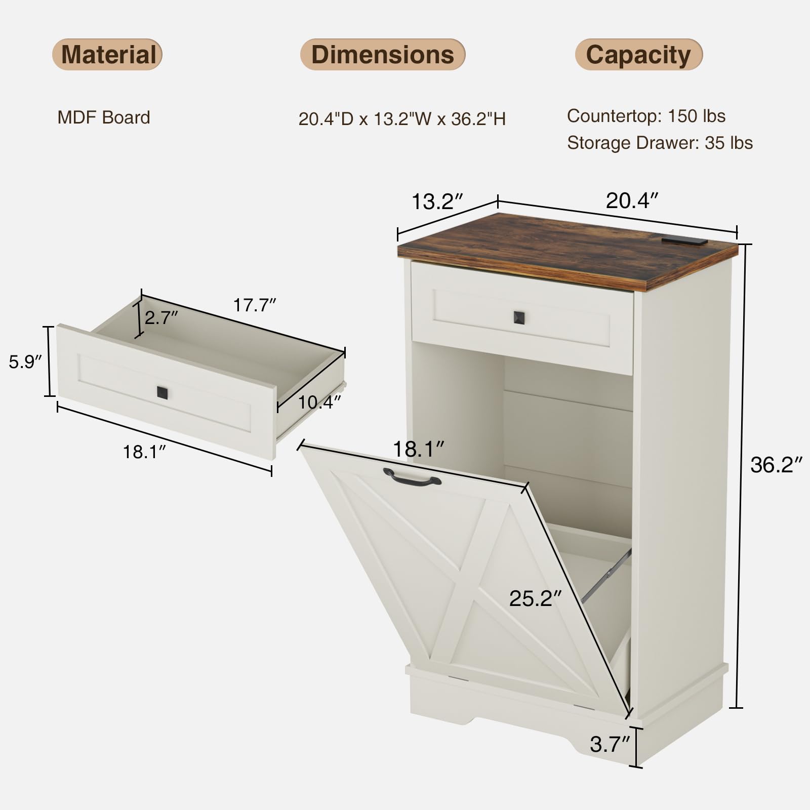 Double Tilt Out Trash Can Cabinet, 13 Gallon Hidden Trash Can Cabinet with Deodorizing Function, Farmhouse Wooden Garbage Trash Bin Cabinet for Kitchen Living Room, White