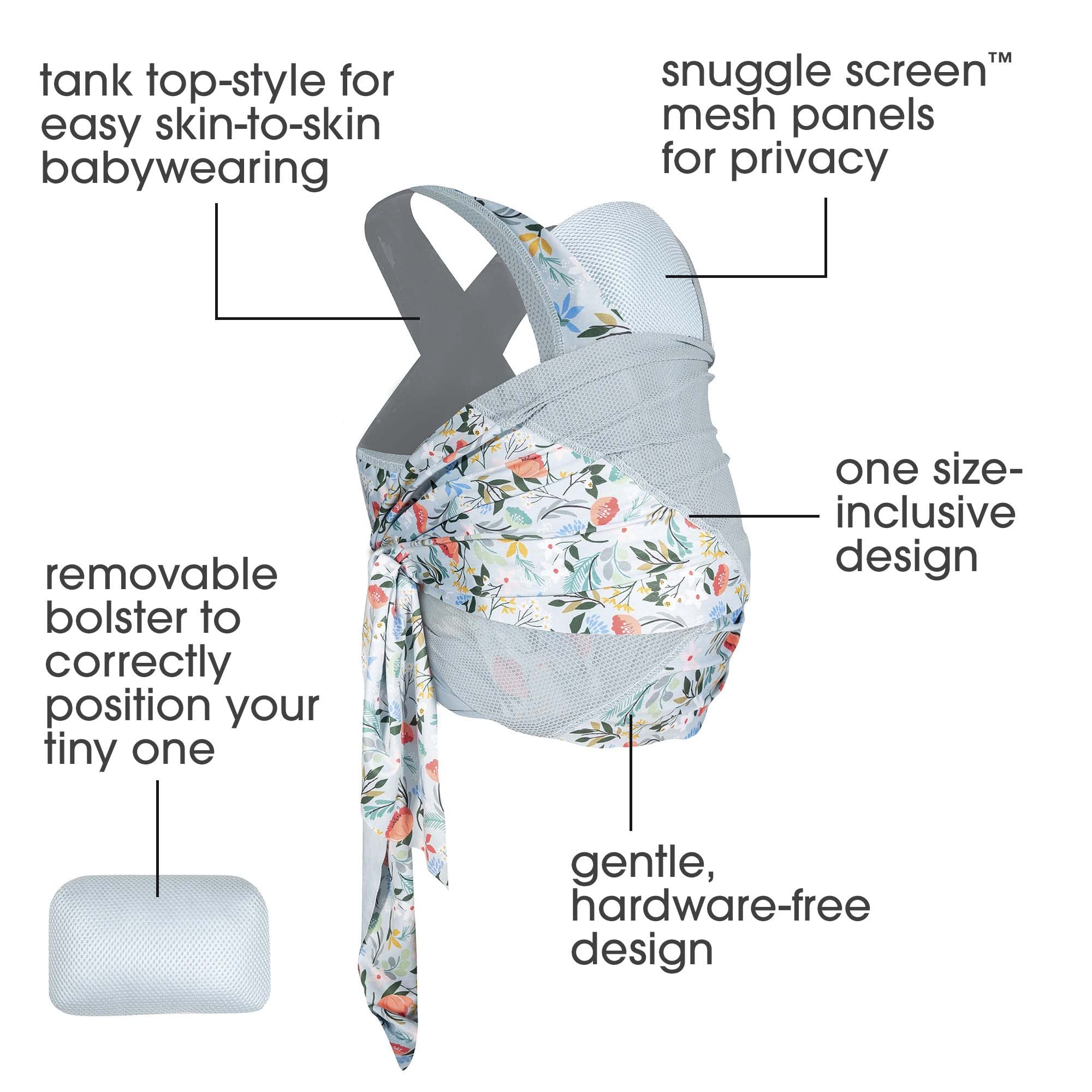 Boppy Baby Carrier - ComfyHug, Black Botanic, Hardware-Free Hybrid Wrap, 2 Carrying Positions, 0m+ 5-20lbs, Size Inclusive, Infant Carrier for Bonding