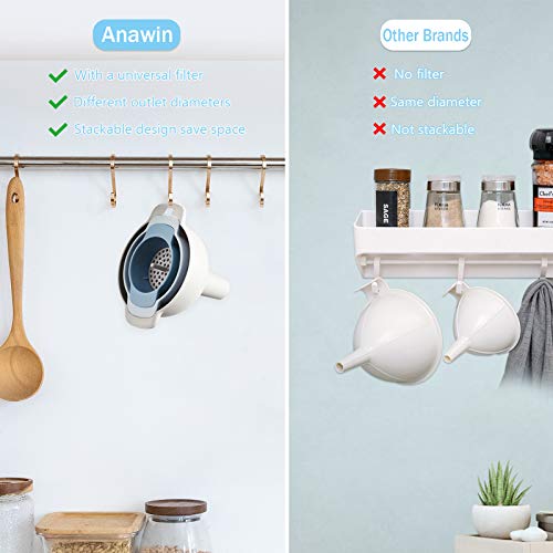 Kitchen Funnel with Strainer Filter,Funnel Set 3 Pack,2.3Inch,3.1 Inch,3.9 Inch, with 1Pack Removable Strainer, Funnels for Filling Bottles with Oil,Beer,Liquid,Food,Powder (4 in 1) (Blue)