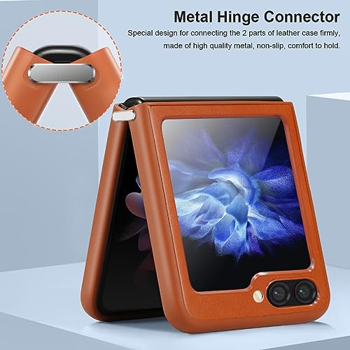 KEZiHOME Samsung Galaxy Z Flip 5 Case,Genuine Leather Samsung Z Flip 5 Case with Camera Lens Cover,Durable Slim Thin Full-Body Protective Phone Case Compatible with Galaxy Z Flip 5 5G (Khaki)