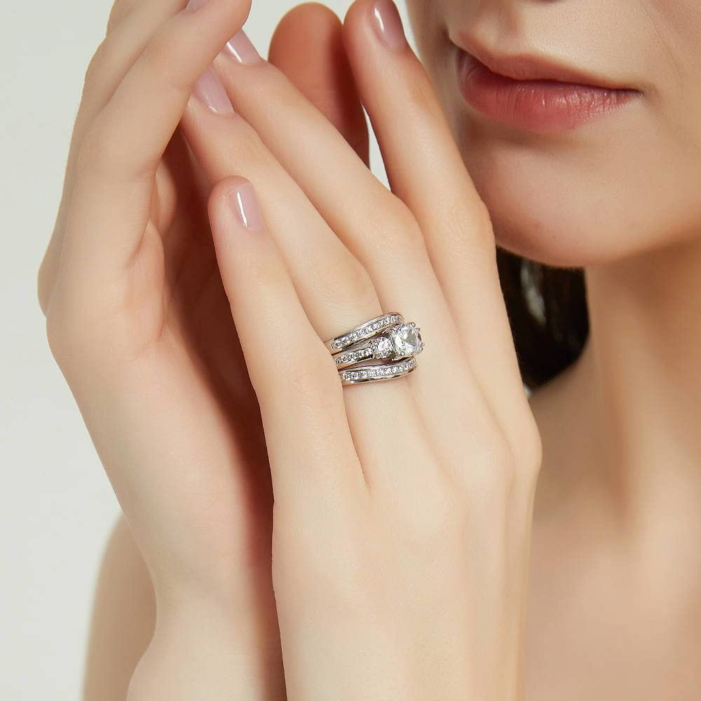 BERRICLE Sterling Silver 3-Stone Wedding Engagement Rings Cushion Cut Cubic Zirconia CZ Ring Set for Women, Rhodium Plated Size 6.5