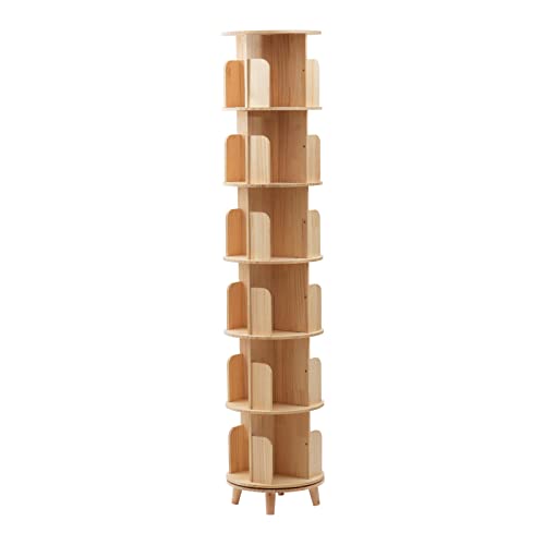 GNJINX Rotating Bookshelf, 6 Tier Solid Wood 360 Display Floor Standing Bookcase Storage Rack, Free Standing Wood Bookcases for Kids&Adults Multi-Functional Bookshelf Organizer(6 Tier)