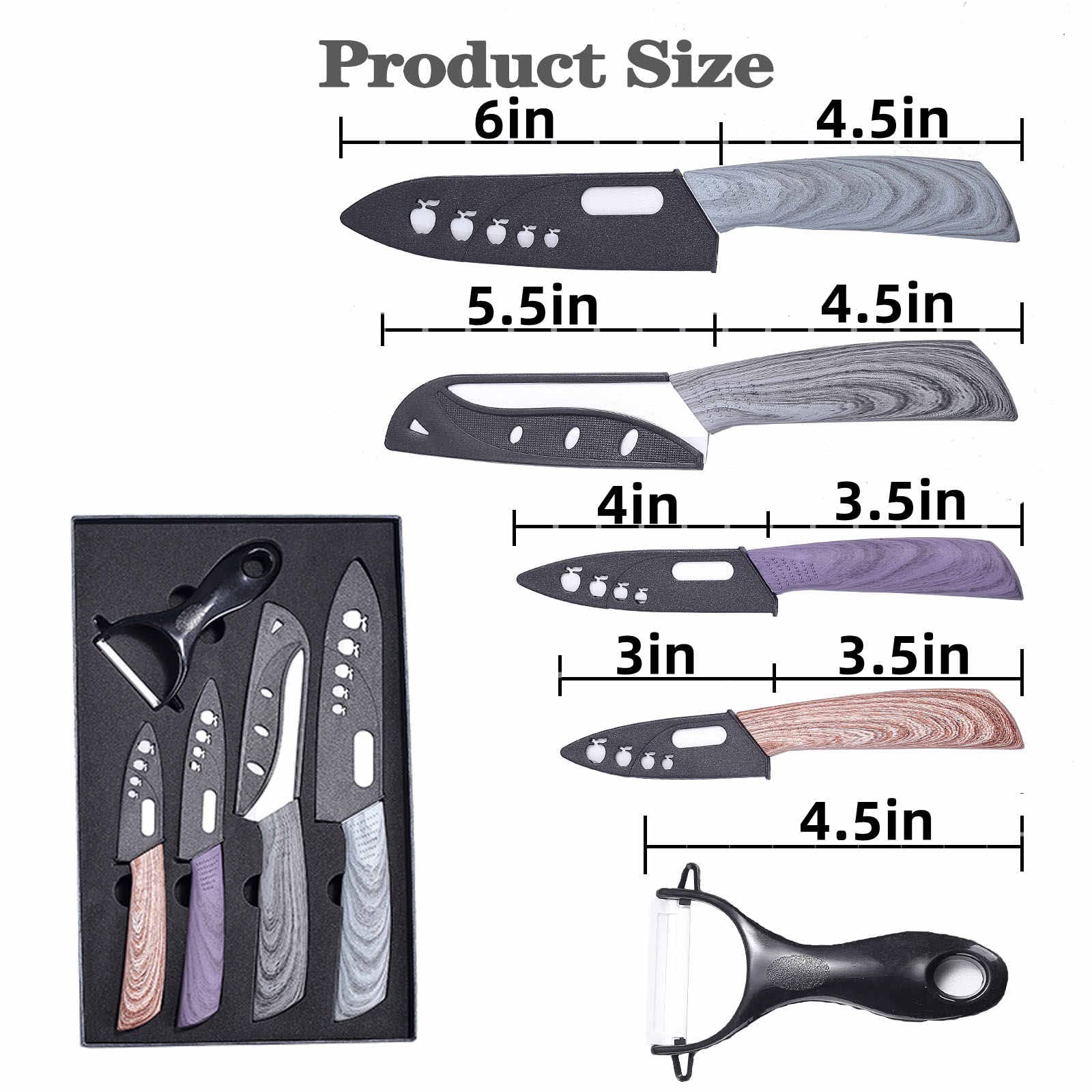 Ceramic Knife Sets for Kitchen,4 Piece Ceramic knives set with Steath,6" Chef knife 5.5" Fruit Utility Knife 4" Vegetable Knife 3" Paring Knife, One Peeler (box set)