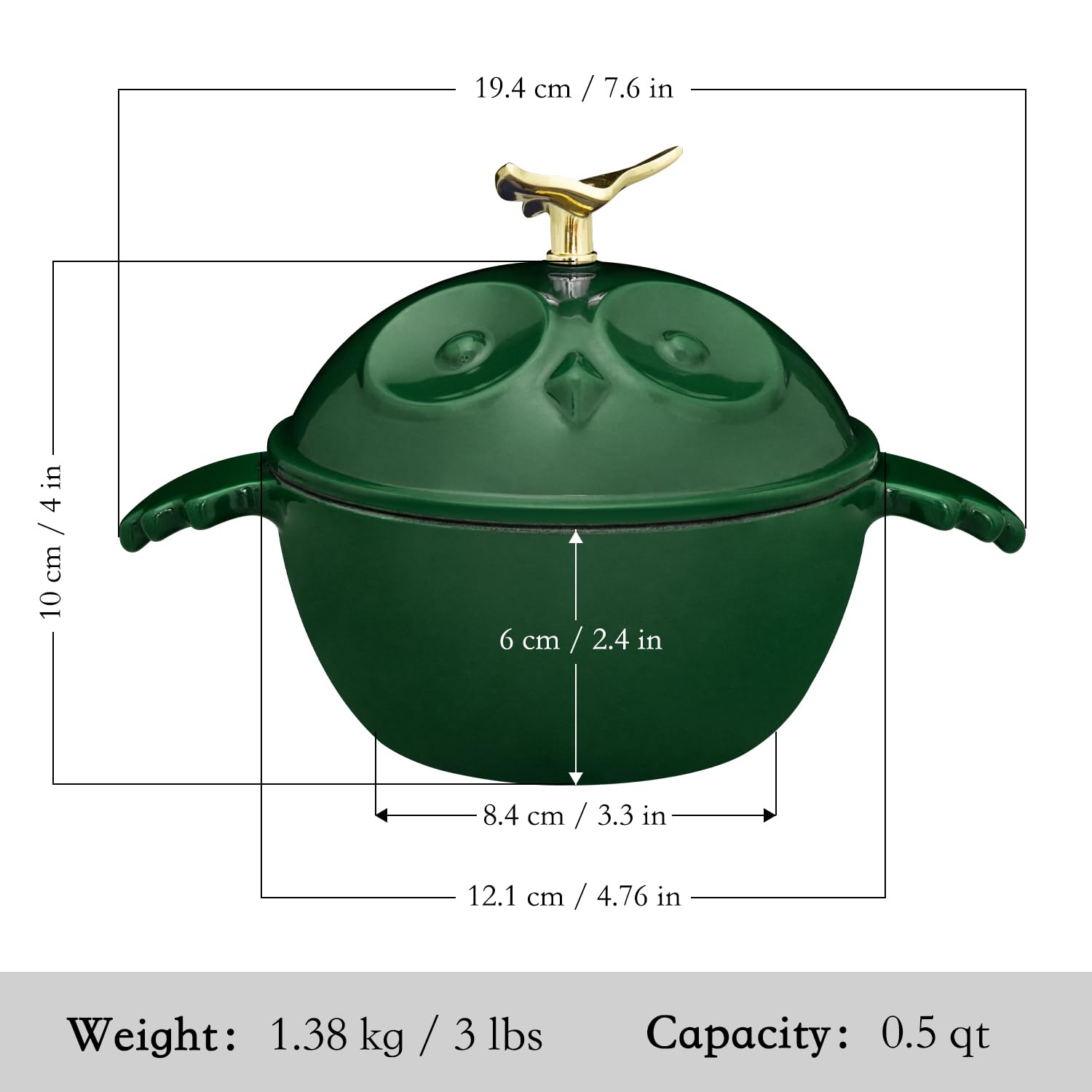 Flavehc Mini Cocotte 16 oz Owl Shaped Mini Dutch Oven 0.5 qt Cast Iron Garlic Roaster for Oven Garlic Confit Pot Ramekins with Lids Oven Safe, Green