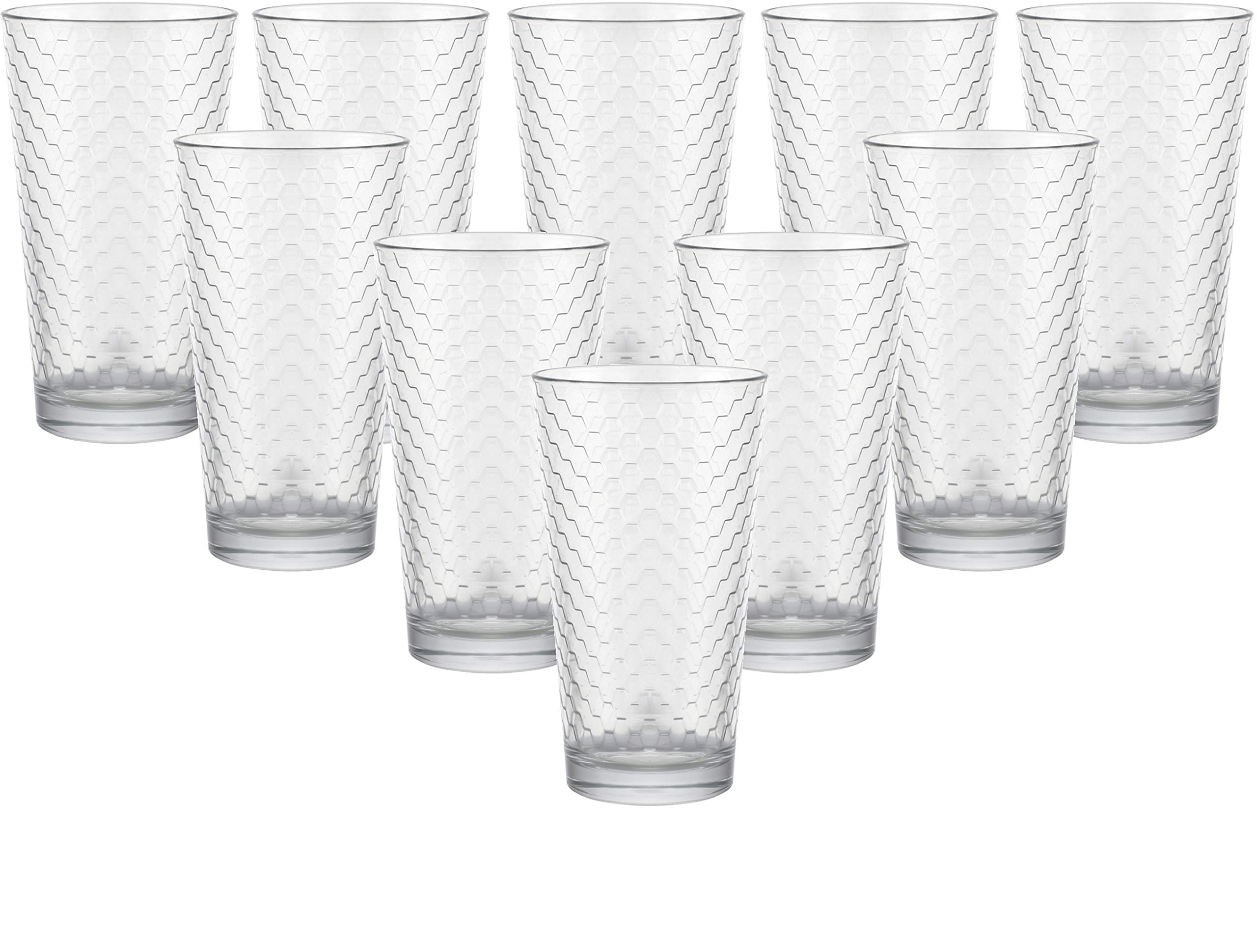 Circleware Paragon Honeycomb Set of 10 Heavy Base Highball Tumbler Drinking Glasses, Beverage Glassware Ice Tea Cups for Water, Juice, Milk, Beer, 10 Count (Pack of 1)