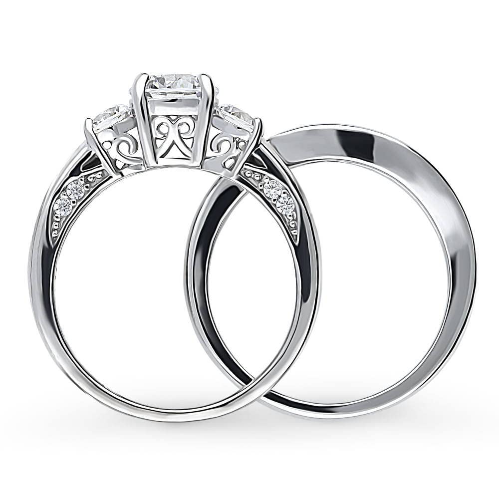 BERRICLE Sterling Silver 3-Stone Wedding Engagement Rings Round Cubic Zirconia CZ Ring Set for Women, Rhodium Plated Size 8