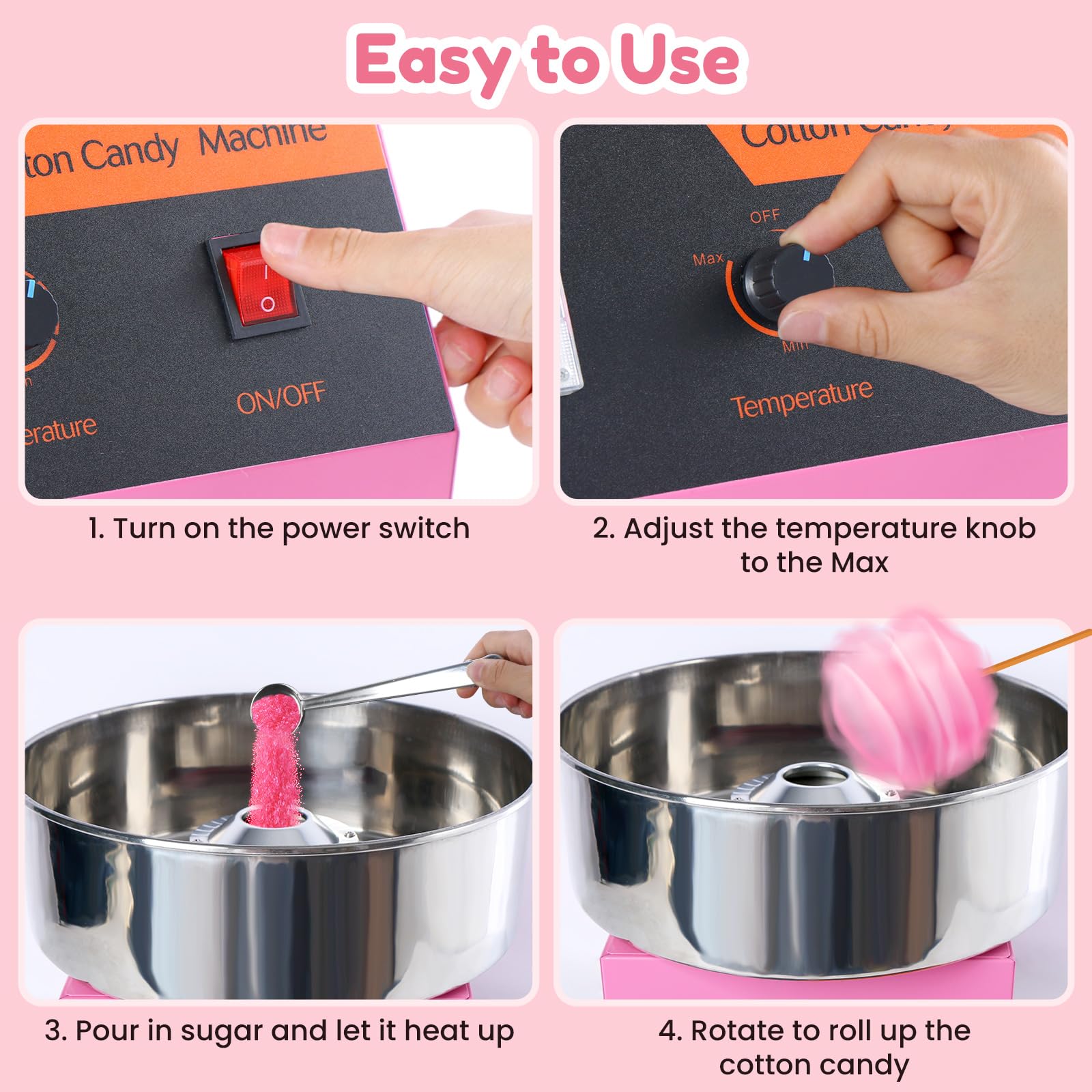 Cotton Candy Machine Commercial, 1000W Efficiently Cotton Candy Maker Machine with Stainless Steel Bowl, Sugar Scoop, Easy & Safe to Use, Candy Floss Maker for Kids, Home, Party, Birthday, Festival