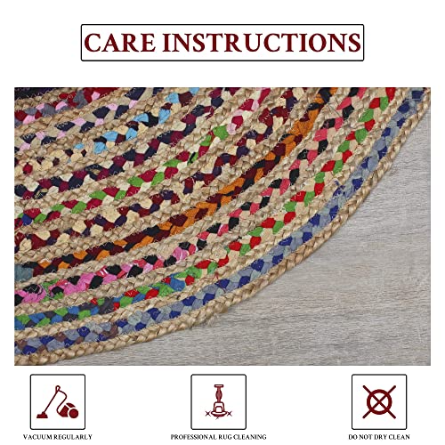 Hand Braided Cotton and Jute Rug - 4x6 feet Oval Reversible Farmhouse Accent Area Rug Boho Rustic Home Decor Colorful Recycled Chindi Carpet
