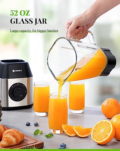 KIDISLE Professional Blenders for Kitchen, 1200W Powerful Smoothie Blender, 52oz Glass Jar for Shakes and Smoothies, Ice Crush, Frozen Fruit, Stainless Steel & Sliver