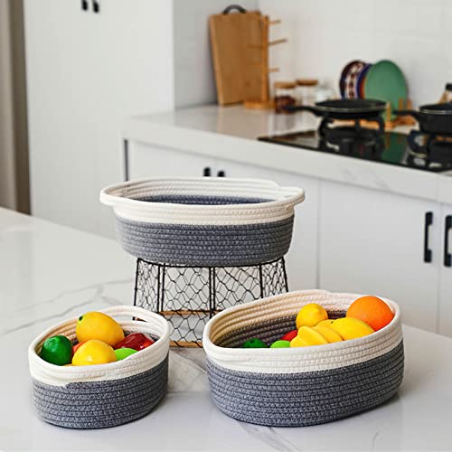 Cotton Rope Baskets, Cube Storage Basket Bins with Handle, Shelf Storage Baskets for Baby Laundry Basket Toy Storage Blanket Storage Nursery Basket Soft Storage Bins Woven Basket, 3 Pack, Gray