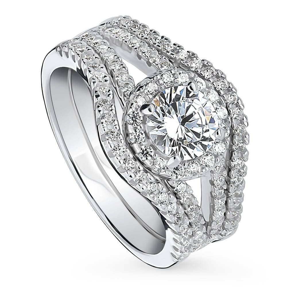 BERRICLE Sterling Silver Halo Wedding Engagement Rings Round Cubic Zirconia CZ Split Shank Ring Set for Women, Rhodium Plated Size 8