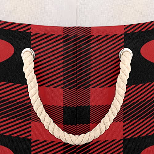 Red Check Plaid Valentine's Day Large Round Baskets for Storage Laundry Baskets with Handles Blanket Storage Basket for Bathroom Shelves Bins for Organizing Nursery Hamper Girl Boy