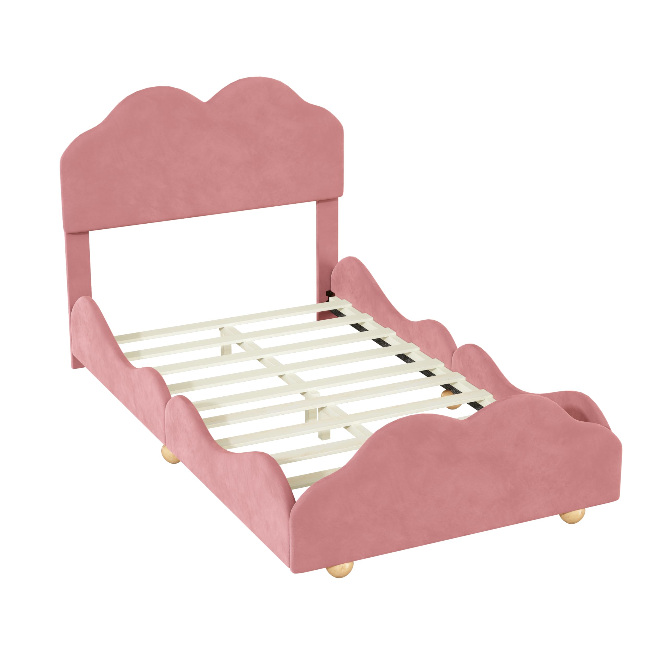 Favfurish Twin Size Velvet Upholstered Platform Bed with Cloud Shaped Headboard, Solid Pinewood Bed-Frame W/Supported Feet and Baffle, for Kids,Girls,Boys,Beige