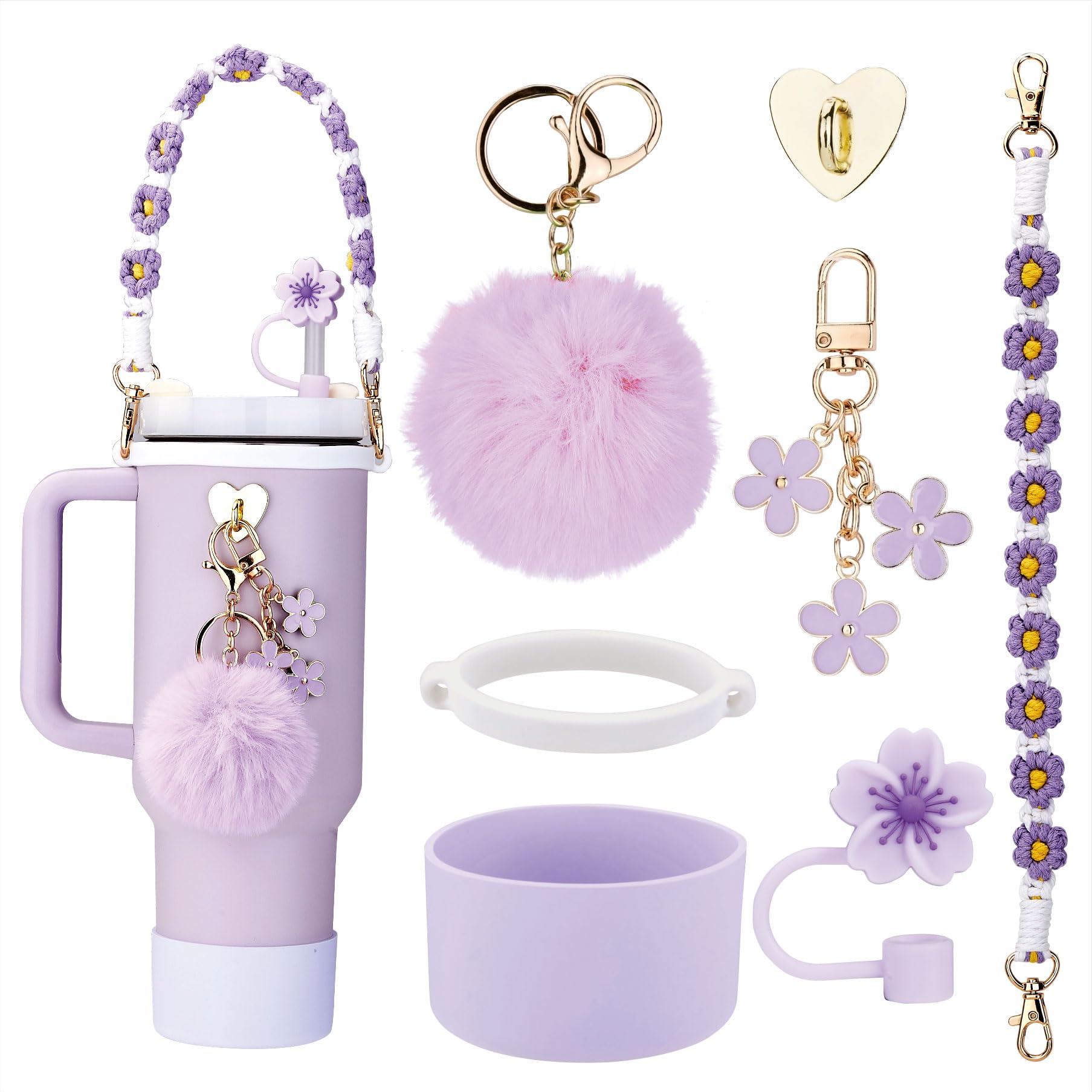 Compatible with Stanley Cup Accessories, 7pcs Tumbler Accessories for Stanley Cup 30/40 oz, Including Water Bottle Handle Strap, Cup Boot, Straw Cover, Plush Ball and Key Charm, Purple