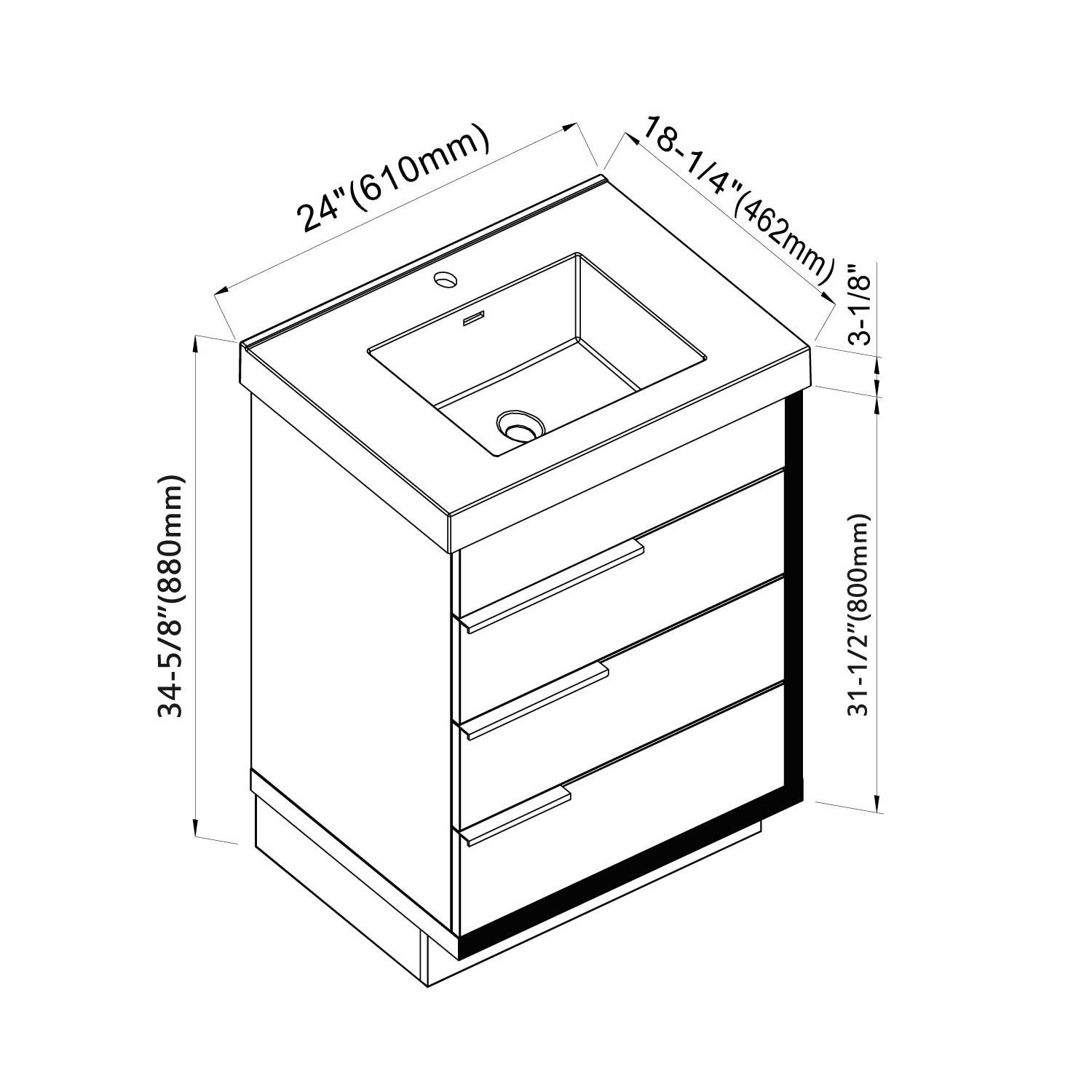 Dowell 024 Single Bathroom Vanity Set (24", Glossy White Vanity, Matte Black Sink)