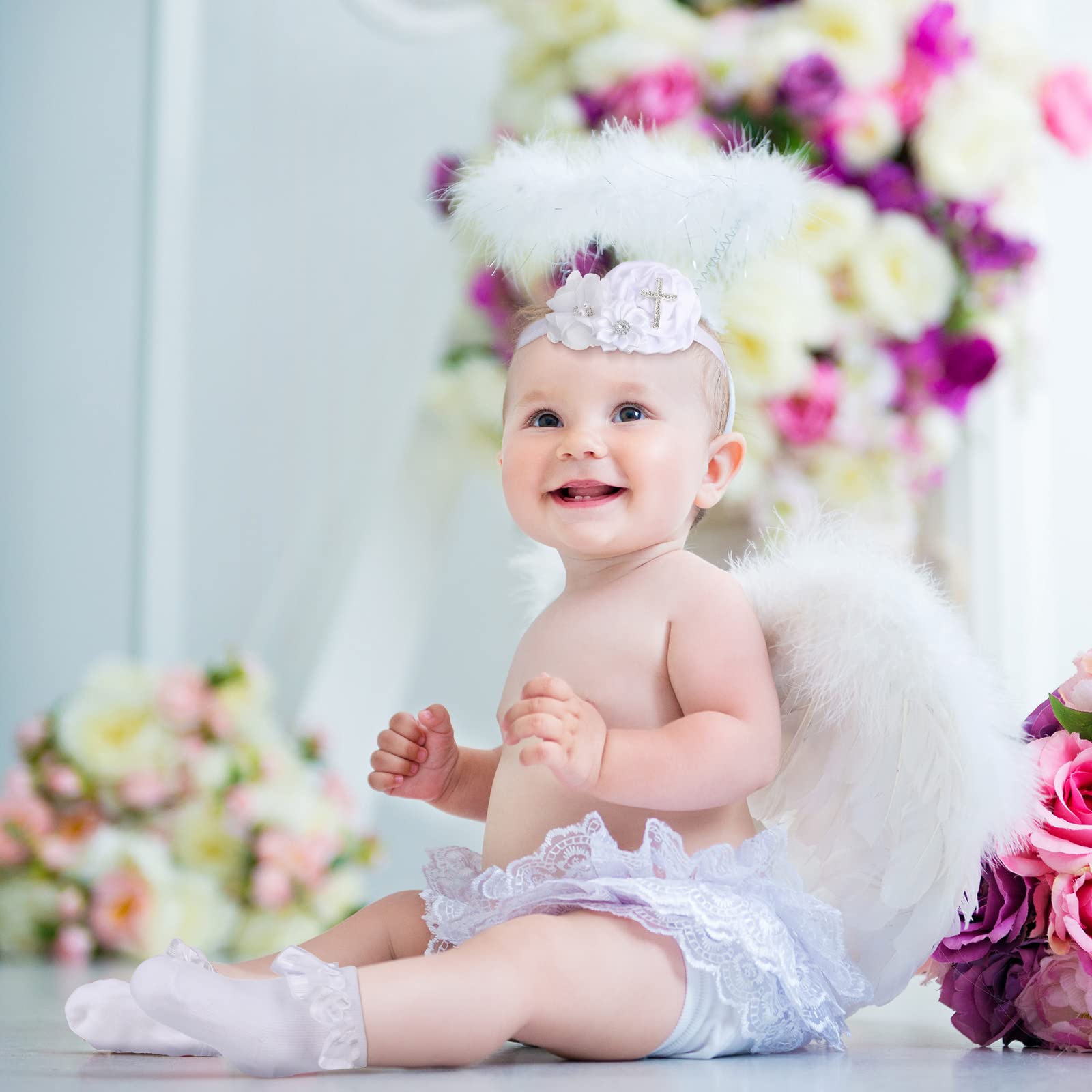 Geyoga 3 Pcs Baptism Bib for Baby Girl Baptism Candle Set Socks Pearl Headband Embroidered White Christening Outfit Bib